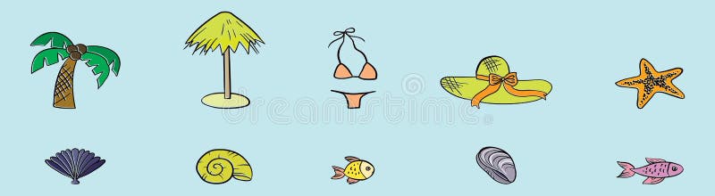 Set of Beach Element Cartoon Icon Design Template with Various Models ...