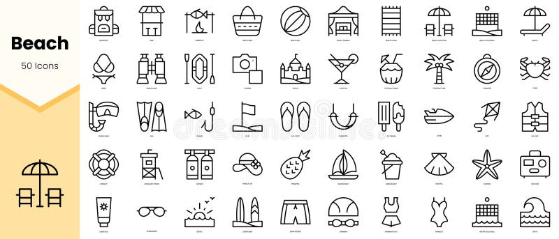 Set of Beach Icons. Simple Line Art Style Icons Pack Stock Vector ...