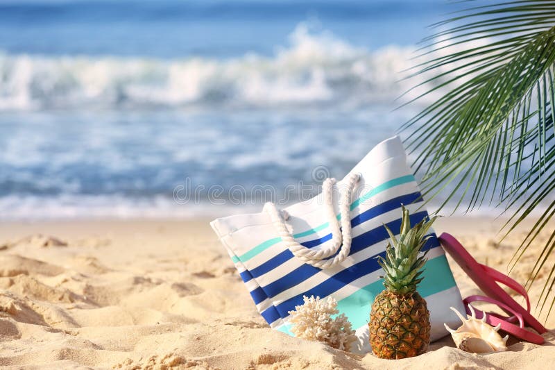 Set of Beach Items with Pineapple on Sand Near Sea Stock Photo - Image ...