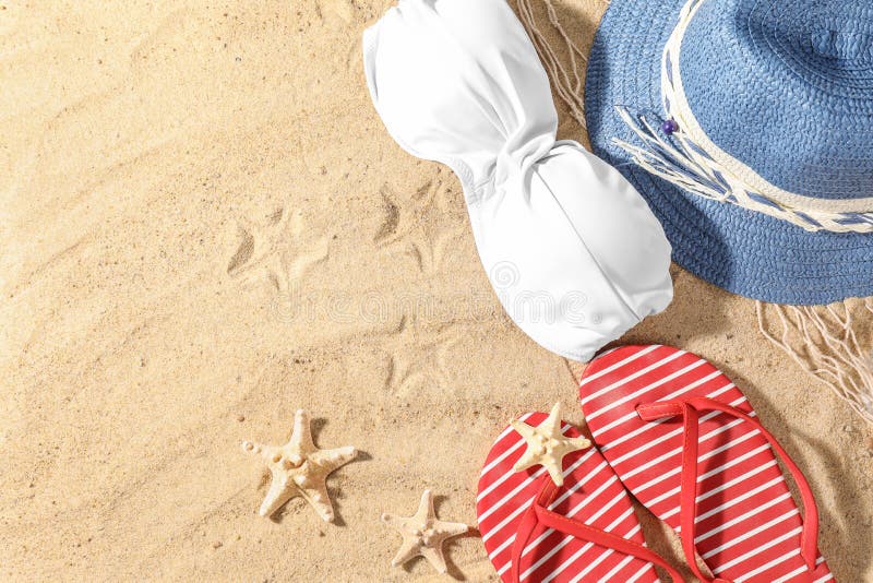 Set of beach items on sand stock image. Image of holiday - 151262163