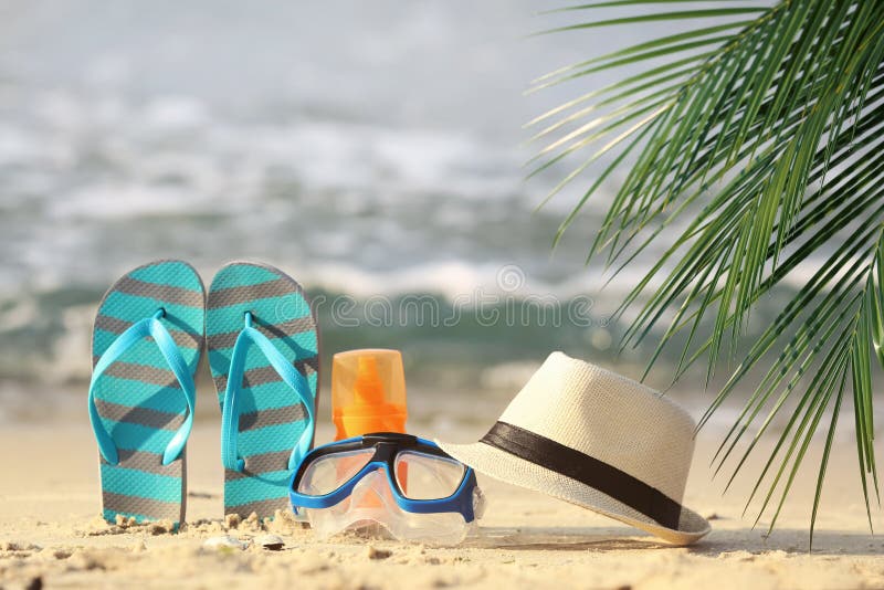 Set of Beach Items on Sand Near Sea Stock Image - Image of background ...