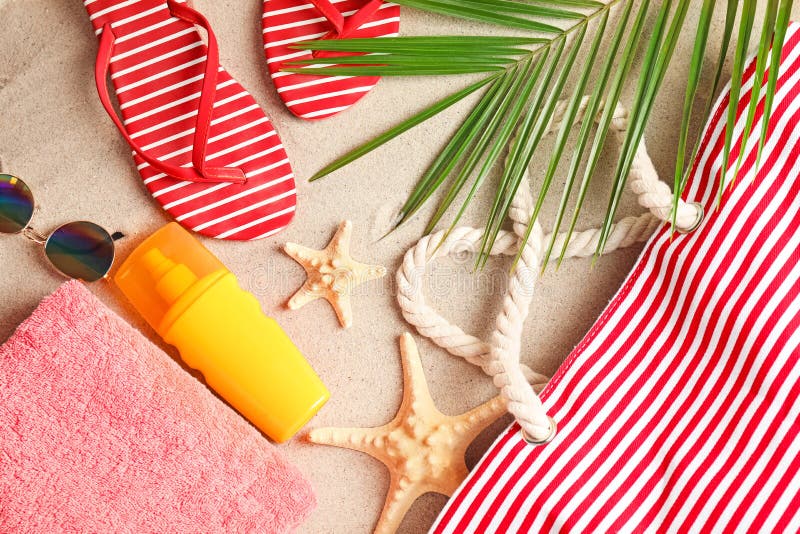 Set of Beach Items with Tropical Leaf on Sand Stock Image - Image of ...