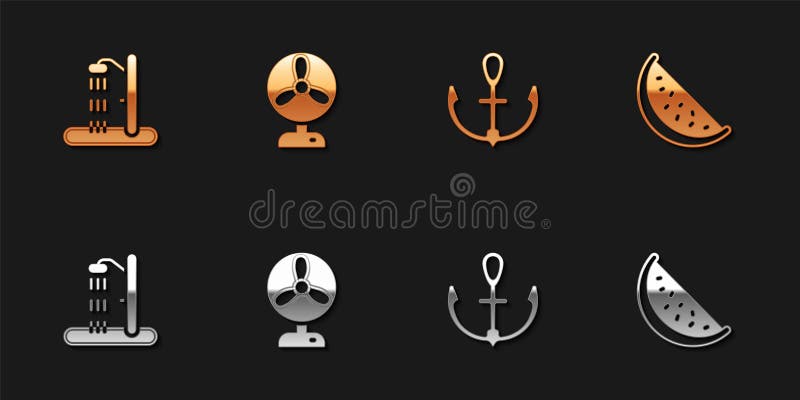 Set Beach Shower, Electric Fan, Anchor and Watermelon Icon. Vector ...