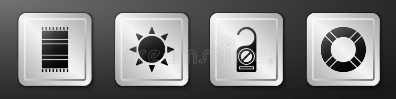 Set Beach Towel, Sun, Please Do Not Disturb and Lifebuoy Icon. Silver ...