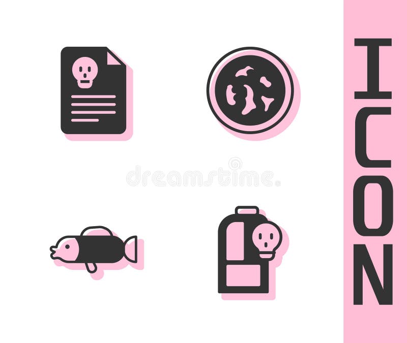 Set Beaker with Toxic Liquid, Radiation Warning Document, Puffer Fish ...