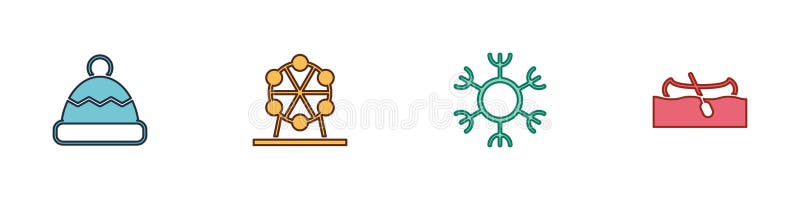 Set Beanie Hat, Ferris Wheel, Snowflake and Kayak or Canoe Icon. Vector ...