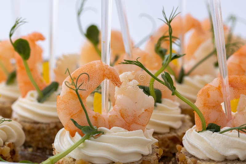 Set of Beautiful Canapes. Appetizer Canape with Shrimp. Catering Stock ...
