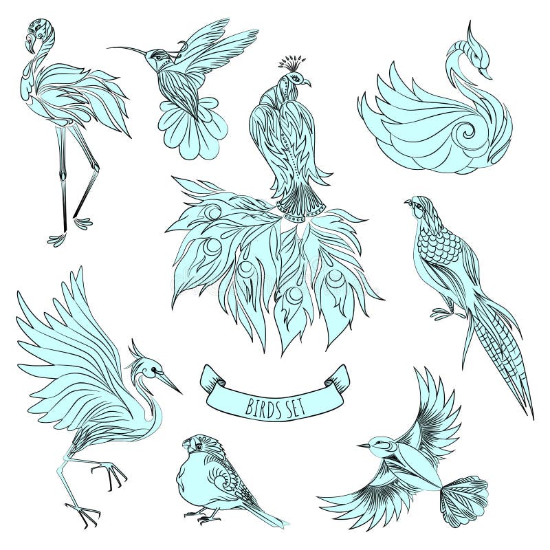 Set of Beautiful Decorative Hand Drawn Birds, Vector Illustration Stock ...