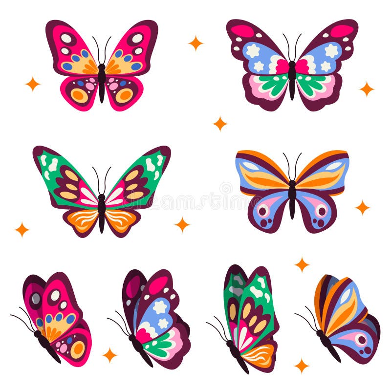 Set of 4 Beautiful Different Butterflies. Back View and Side View Stock ...