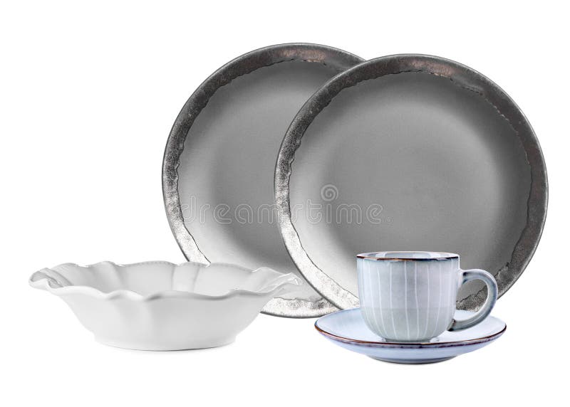 Set of Beautiful Elegant Dinnerware on White Background Stock Photo ...