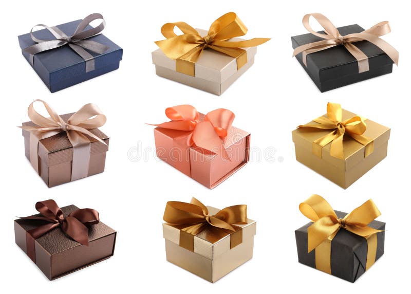 Set with Beautiful Gift Boxes on White Background Stock Photo - Image ...