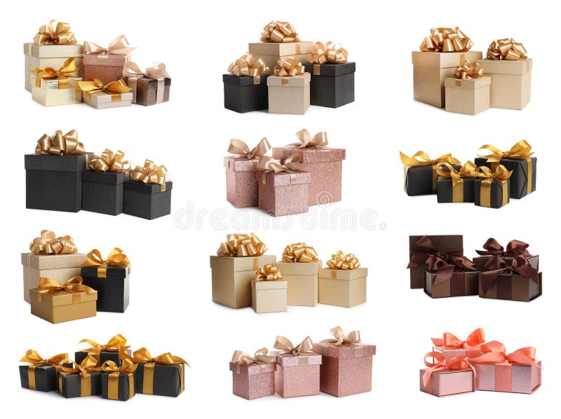 Set with Beautiful Gift Boxes on White Background Stock Image - Image ...