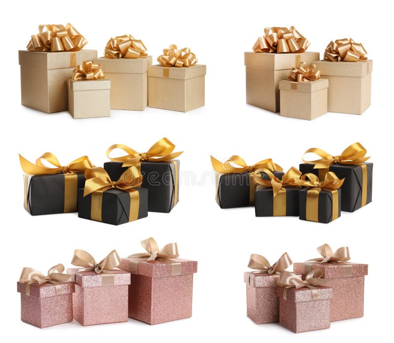 Set with Beautiful Gift Boxes on White Background Stock Image - Image ...