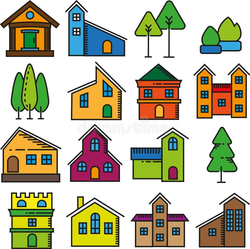 Set of Beautiful Homes Flat Design Icons. Stock Vector - Illustration ...