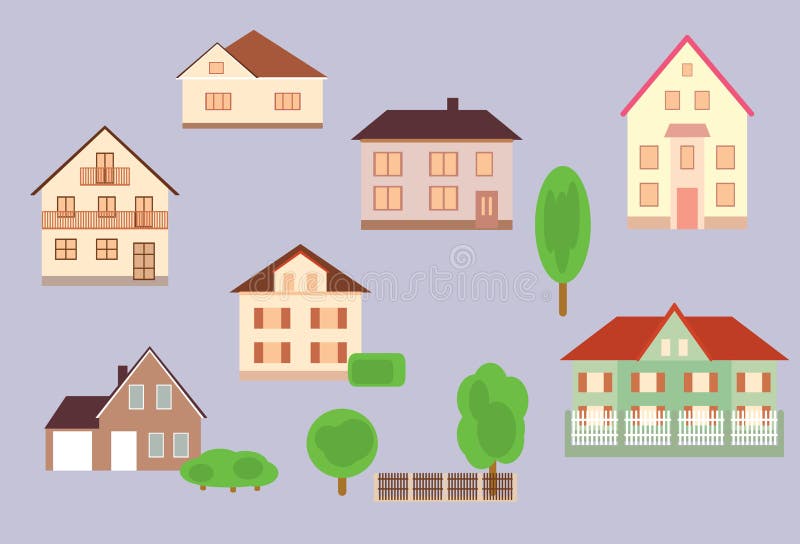 Set of Beautiful Houses with Trees and Fences - Vector Stock Vector ...