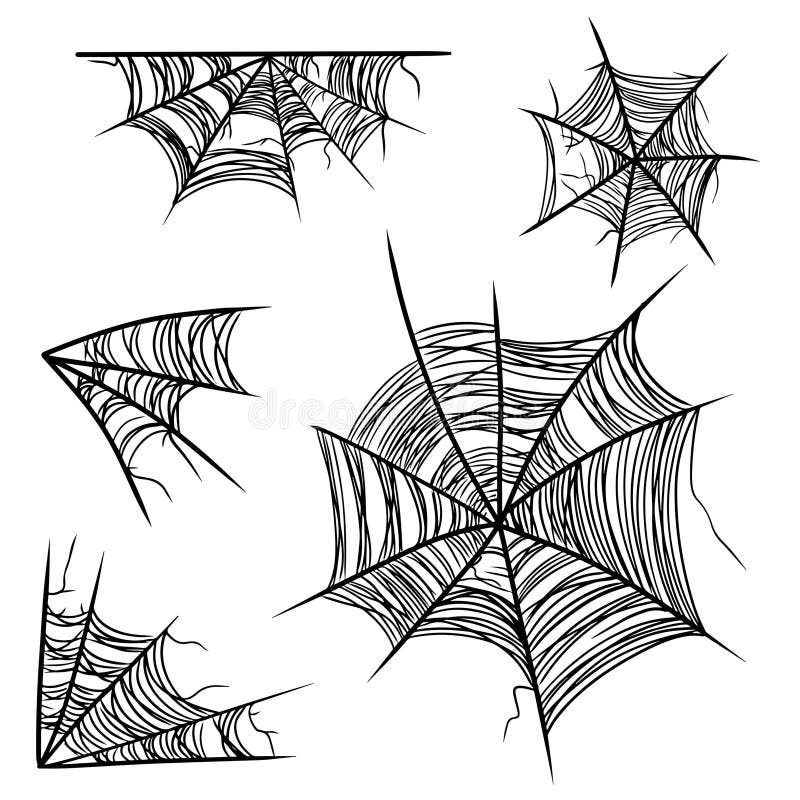 Set of Beautiful Realistic Web Net with Spider in Black Isolated on ...