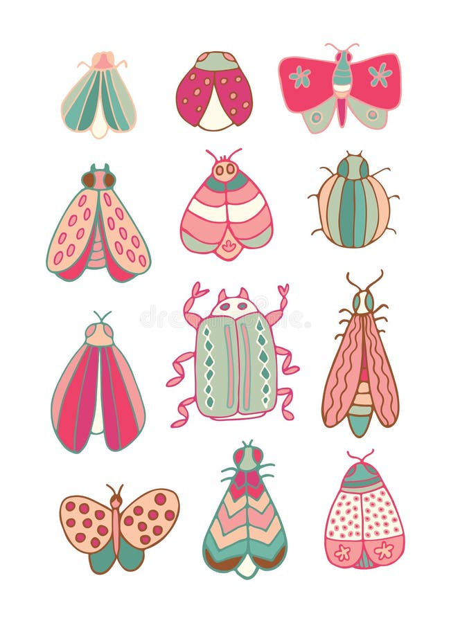 Set of Beautiful Winged Insects, Decorated with Different Ornaments ...