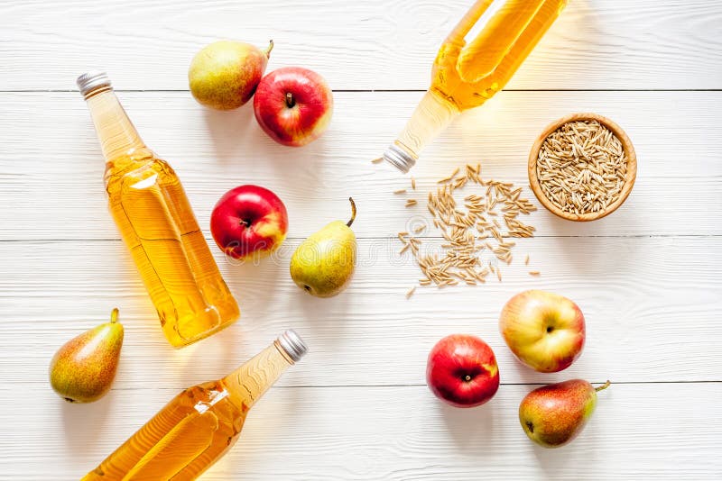 Set of Beer Bottles with Apple, Pears, Wheat Top-down Stock Photo ...