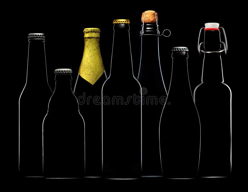 Set of Beer Bottles Isolated on Black Background Stock Photo - Image of ...