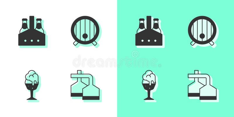Set Beer Brewing Process, Pack of Beer Bottles, Glass and Wooden Barrel ...