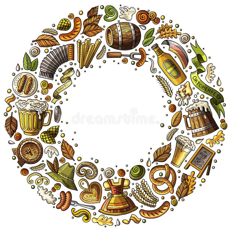 Set of Beer Fest Cartoon Doodle Objects Round Frame Stock Illustration ...
