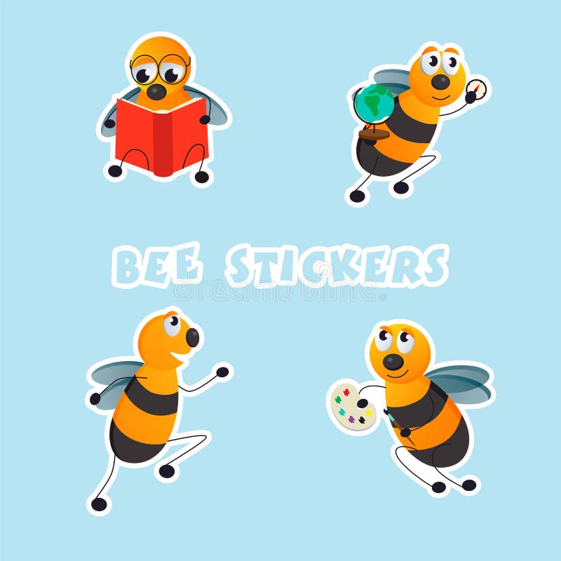 Set of Bees Sticker on a Blue Background. Stock Vector - Illustration ...