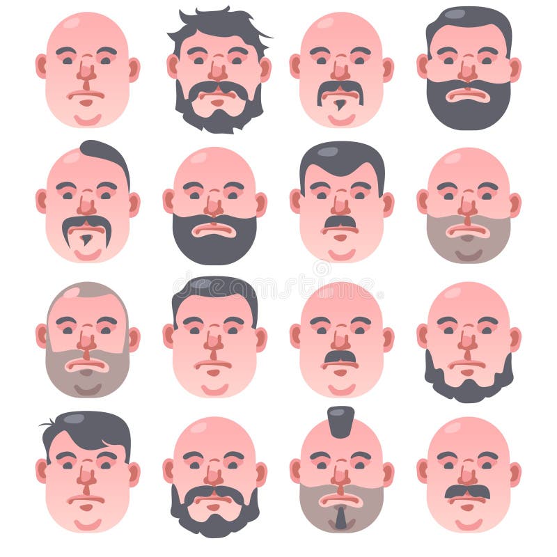 Set of 16 Beige Human Faces with Different Hairstyle and Beard Stock ...