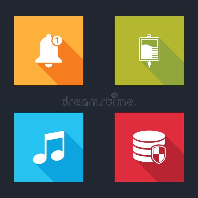 Set Bell, IV Bag, Music Note, Tone and Database Protection Icon. Vector ...
