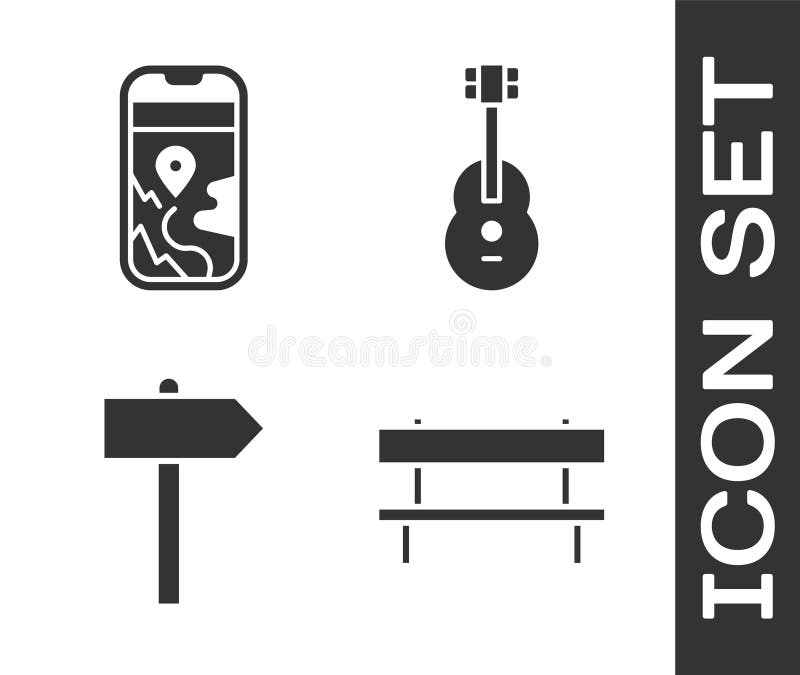 Set Bench, City Map Navigation, Road Traffic Signpost and Guitar Icon ...