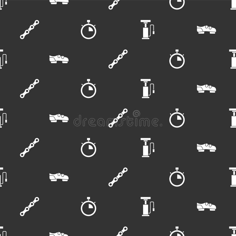 Set Bicycle Air Pump, Shoes, Chain and Stopwatch on Seamless Pattern ...