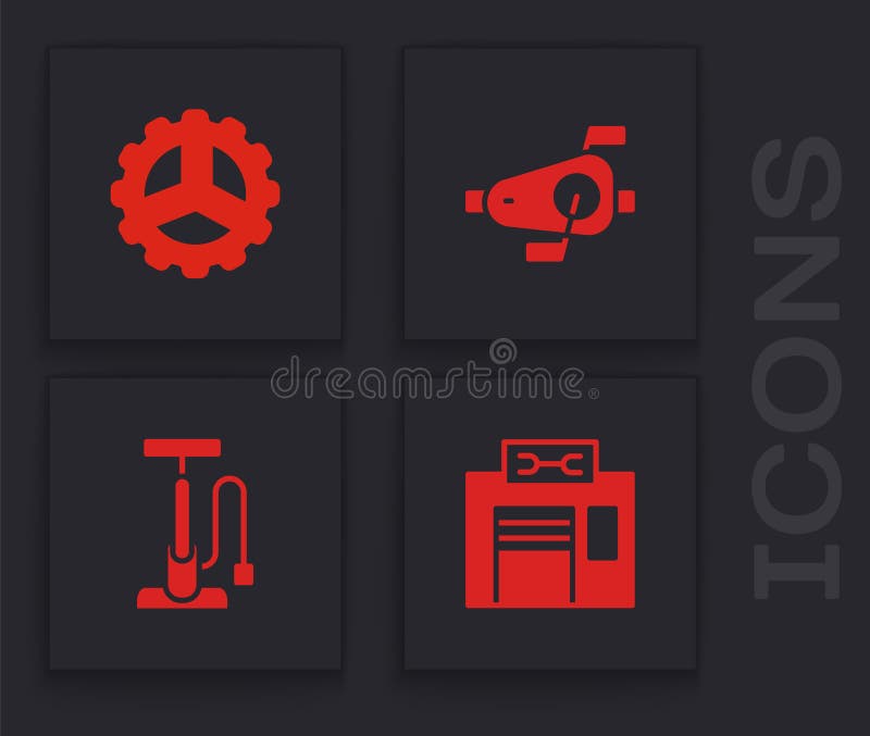 Set Bicycle Repair Service, Sprocket Crank, Pedals and Pump Icon ...