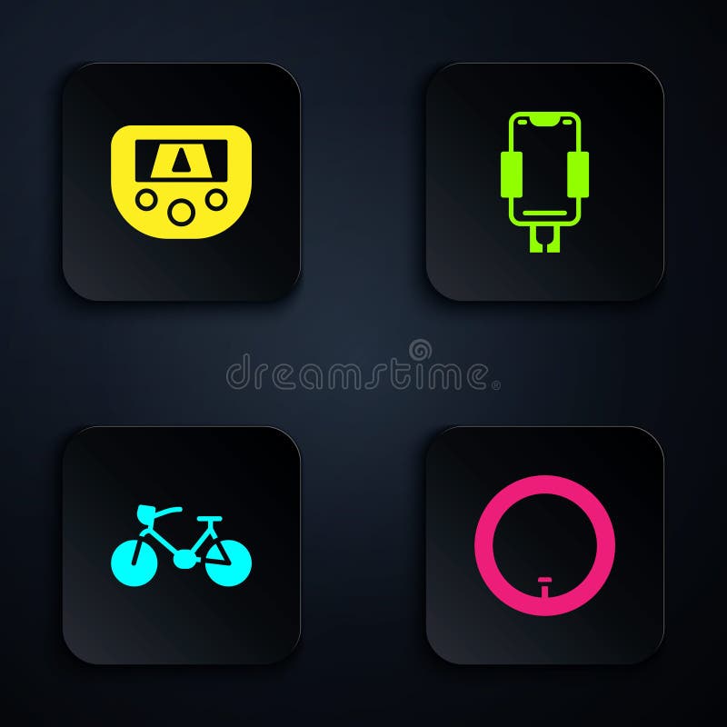 Set Bicycle Wheel, Gps Device with Map, and Mobile Holder. Black Square ...