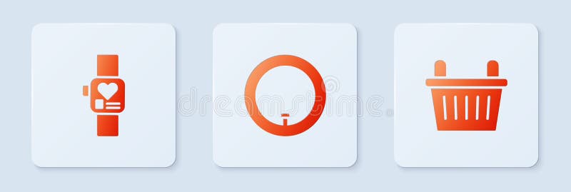 Set Bicycle Wheel, Smart Watch and Basket. White Square Button Stock ...