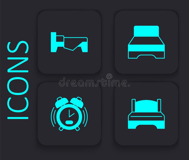 Set Big Bed, Bed, and Alarm Clock Icon. Black Square Button. Vector ...