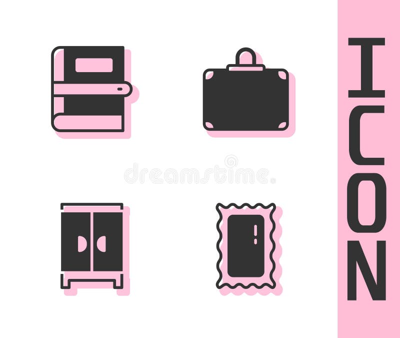 Set Big Full Length Mirror, Book, Wardrobe and Suitcase Icon. Vector ...