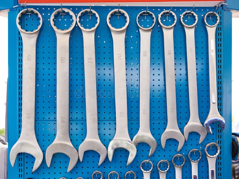 Set of Big Spanners on Stand Stock Image - Image of workplace, mechanic ...