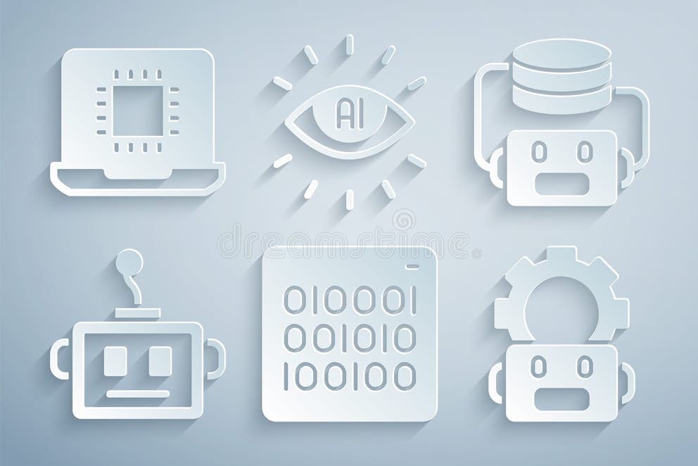 Set Binary Code, Artificial Intelligence Robot, Robot Setting, AI and Processor CPU Icon. Vector ...