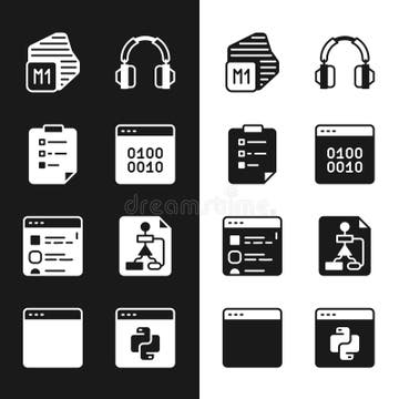 Set Binary Code, Clipboard with Checklist, Processor, Headphones ...
