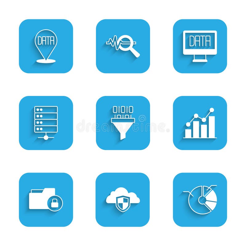 Set Binary Code, Cloud and Shield, Pie Chart Infographic, Folder Lock, Server, Data Analysis and ...
