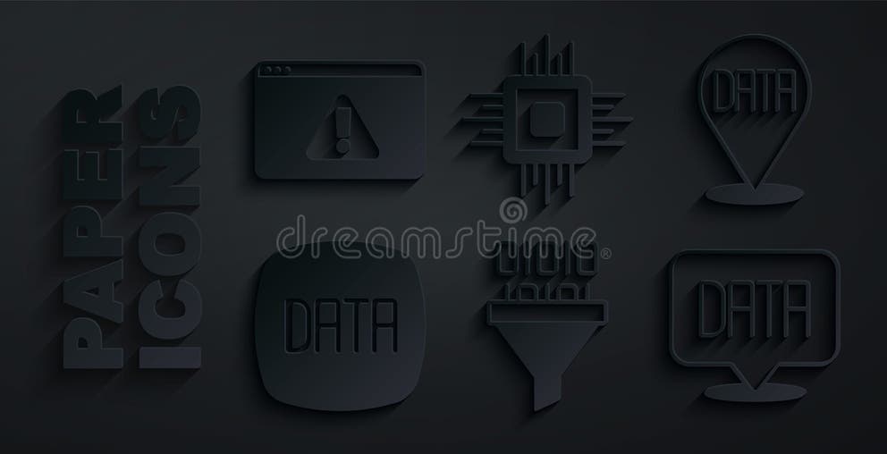 Set Binary Code, Data Analysis, Processor CPU and Browser with Exclamation Mark Icon. Vector ...