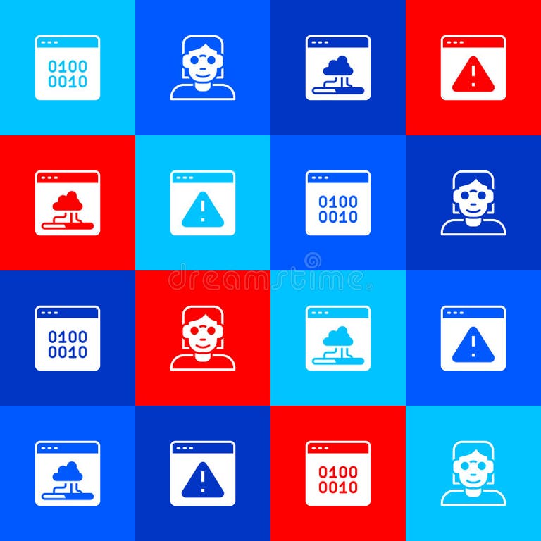 Set Binary Code, Hacker or Coder, Cloud Technology Data Transfer and Browser with Exclamation ...