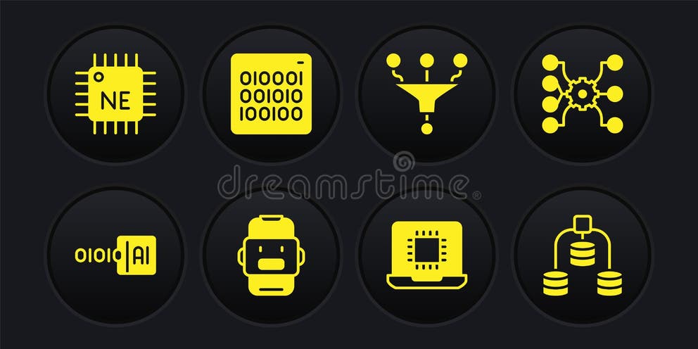 Set Binary Code, Neural Network, Chat Bot, Processor CPU, Funnel Filter, Server, Data and Icon ...