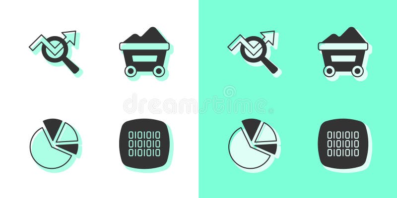 Set Binary Code, Search Data Analysis, Pie Chart Infographic and Coal Mine Trolley Icon. Vector ...