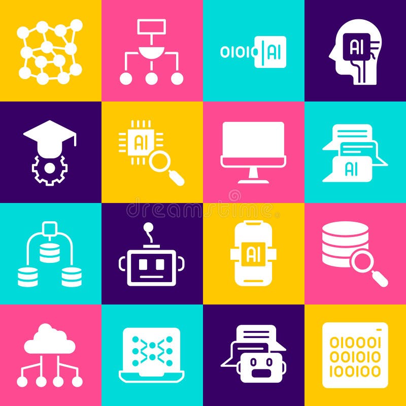 Set Binary Code Server Chat Bot Processor Cpu Graduation Cap Neural Network And Computer 5200