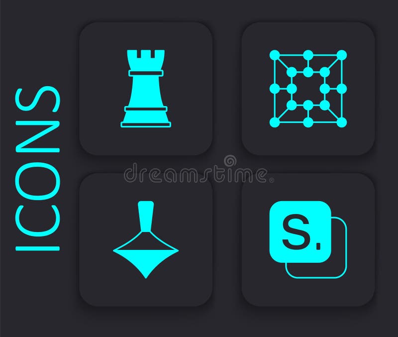 Set Bingo Chess Board Game And Whirligig Toy Icon Black Square Button Vector Stock
