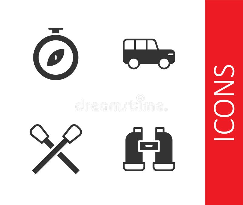 Set Binoculars, Compass, Burning Match with Fire and Safari Car Icon ...