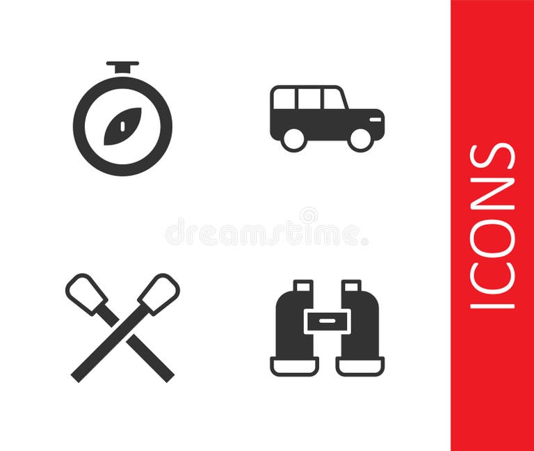Set Binoculars, Compass, Burning Match with Fire and Safari Car Icon ...