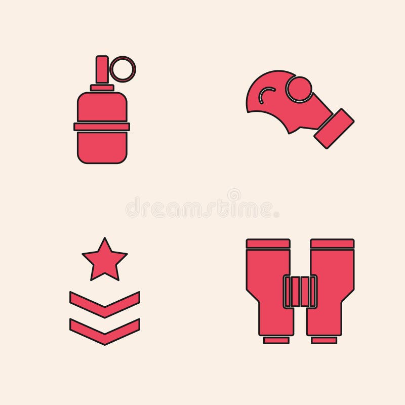 Set Binoculars, Hand Grenade, Gas Mask and Military Rank Icon. Vector ...