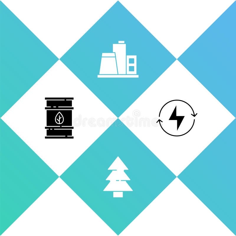 Set Bio Fuel Barrel, Christmas Tree, Factory and Lightning Bolt Icon ...