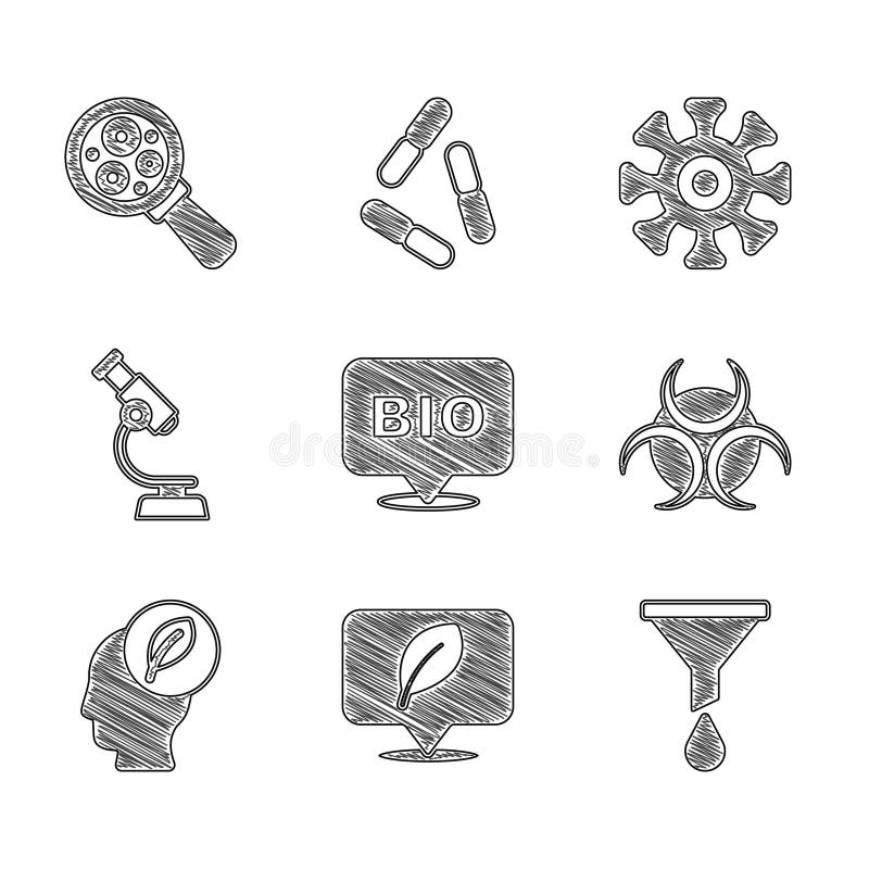 Set Bio Healthy Food, Location with Leaf, Funnel or Filter, Biohazard ...